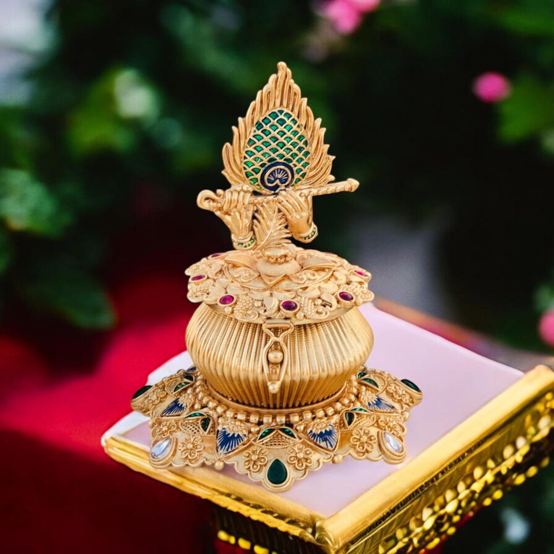 Morpankh With Krishna Kumkum Box/gold Plated Sidoor Box Gold Sindoor ...