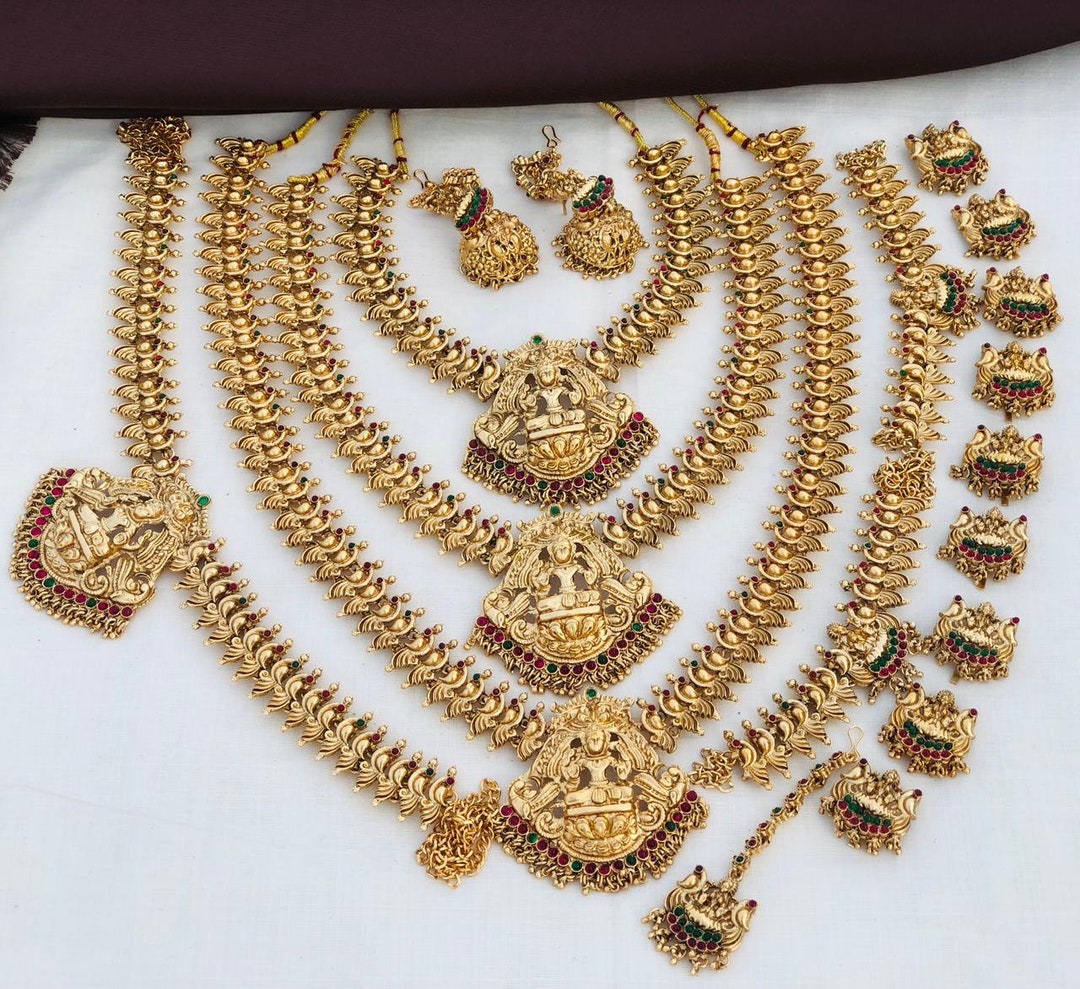 Premium Matt Finish Gold Plated South Indian Bridal Necklace Set With ...