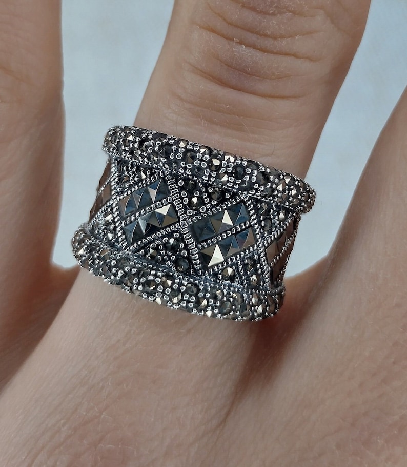 My S Collection 925 Sterling Silver Marcasite Wide Band RING - Etsy