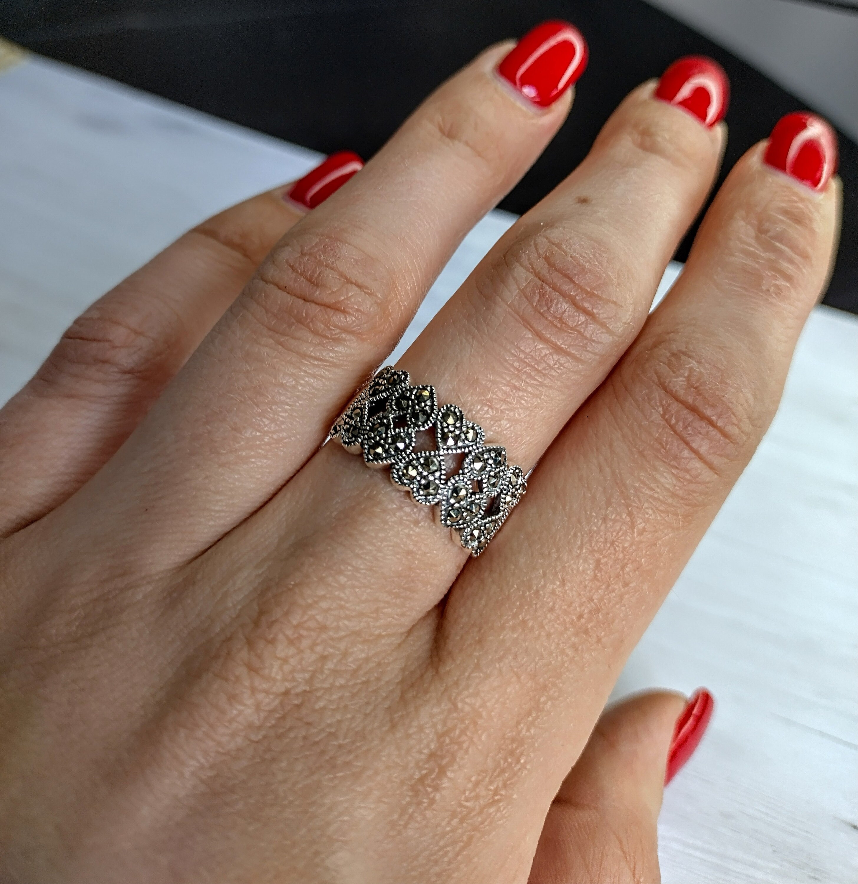 My S Collection 925 Sterling Silver Marcasite Double Row Hearts RING - Etsy