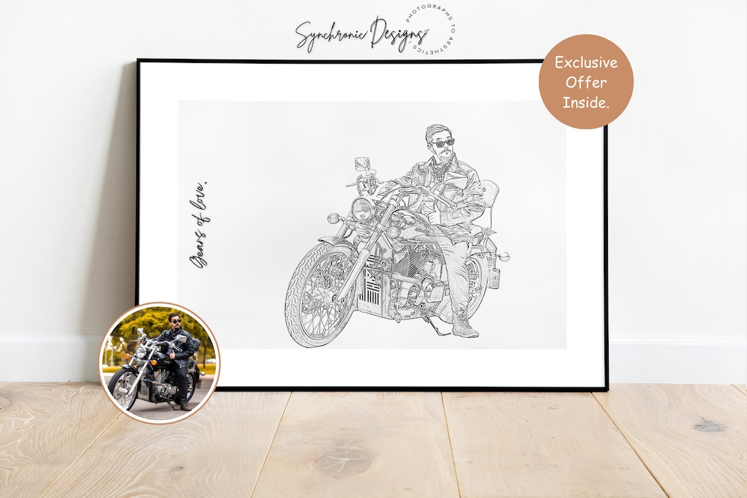 Custom Bike Rider Portrait Sketch, Personalized Biker Detailed Line Art ...