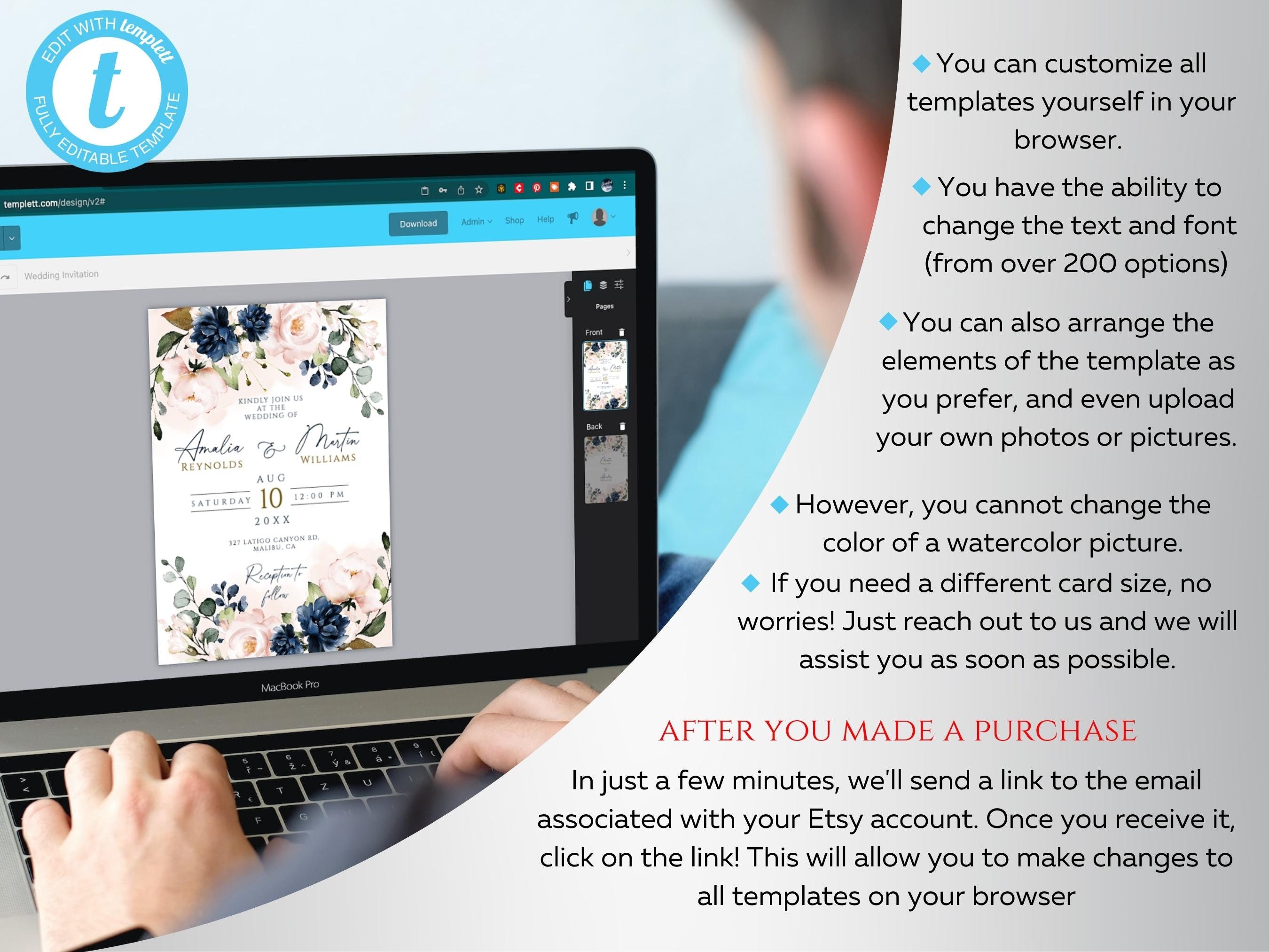 VIVIAN Blush Pink & Blue Navy Wedding Invitation Template SET ...