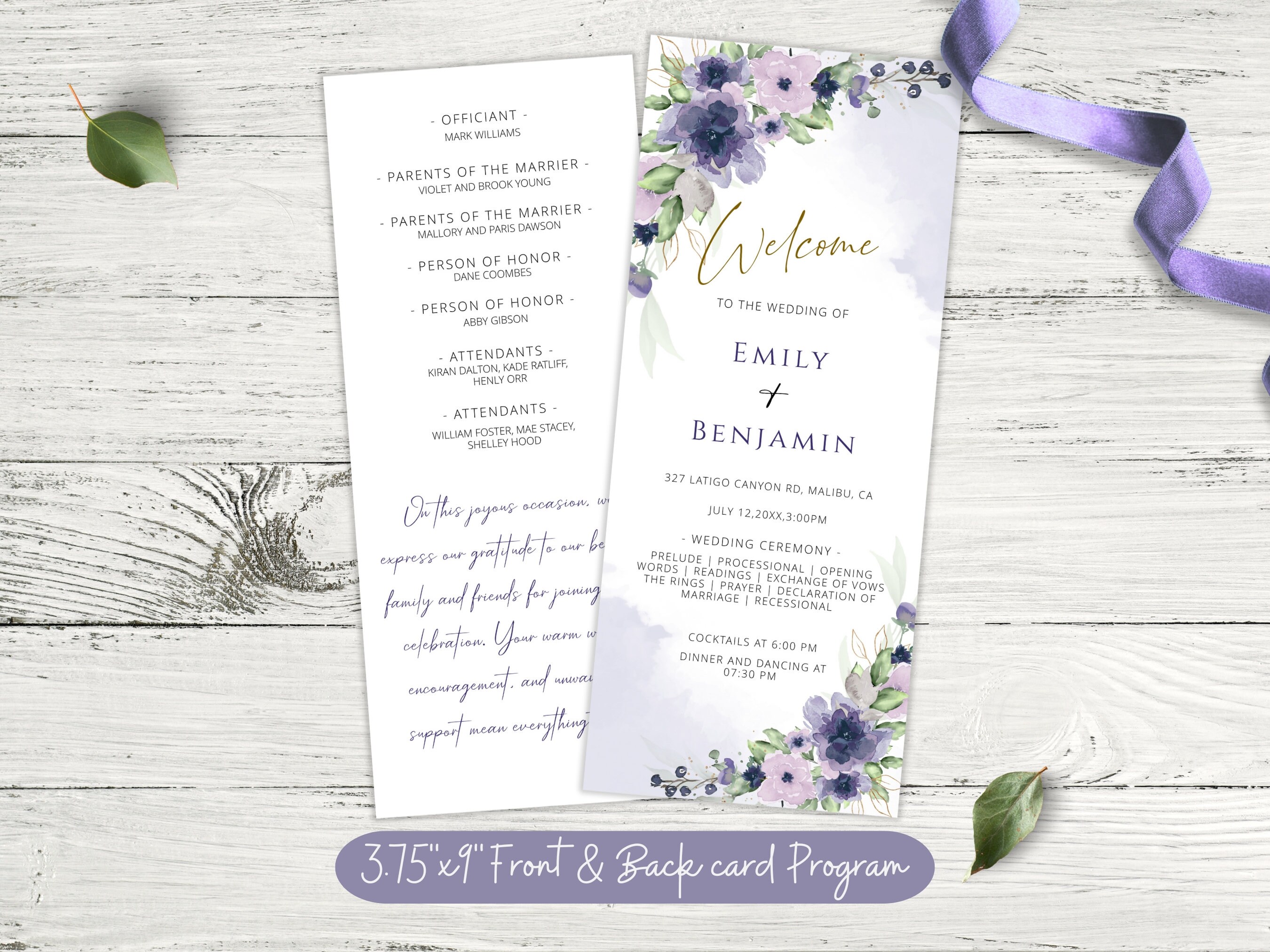 Dusty Purple Floral Wedding Program Template Download, Editable and ...