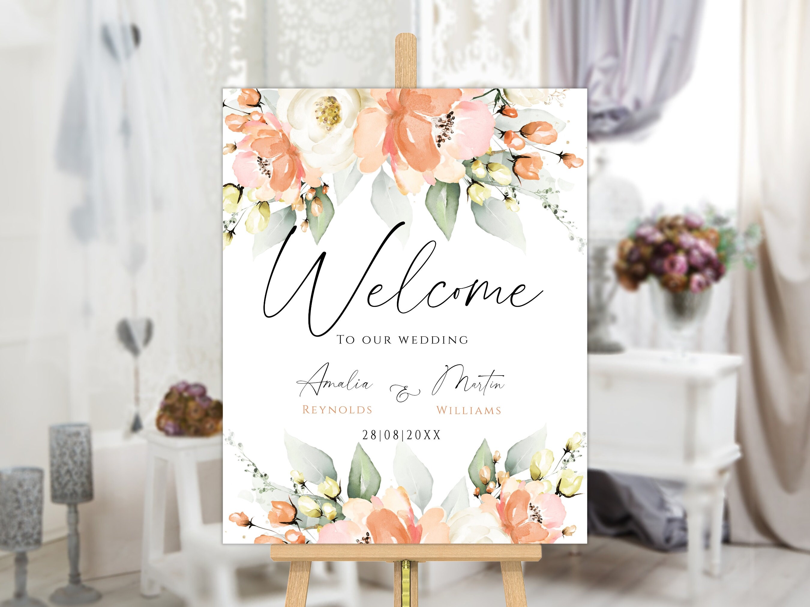 PEACH Elegance, Wedding Welcome Sign Template, Peach Welcome Sign ...