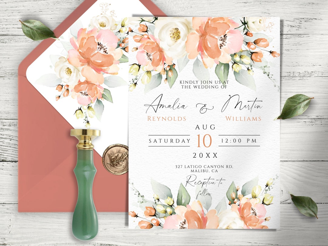 PEACH Elegance, Floral Wedding Invitation Template, Editable, Printable ...