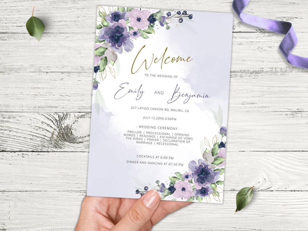 Dusty Purple Floral Wedding Program Template: Editable Printable ...