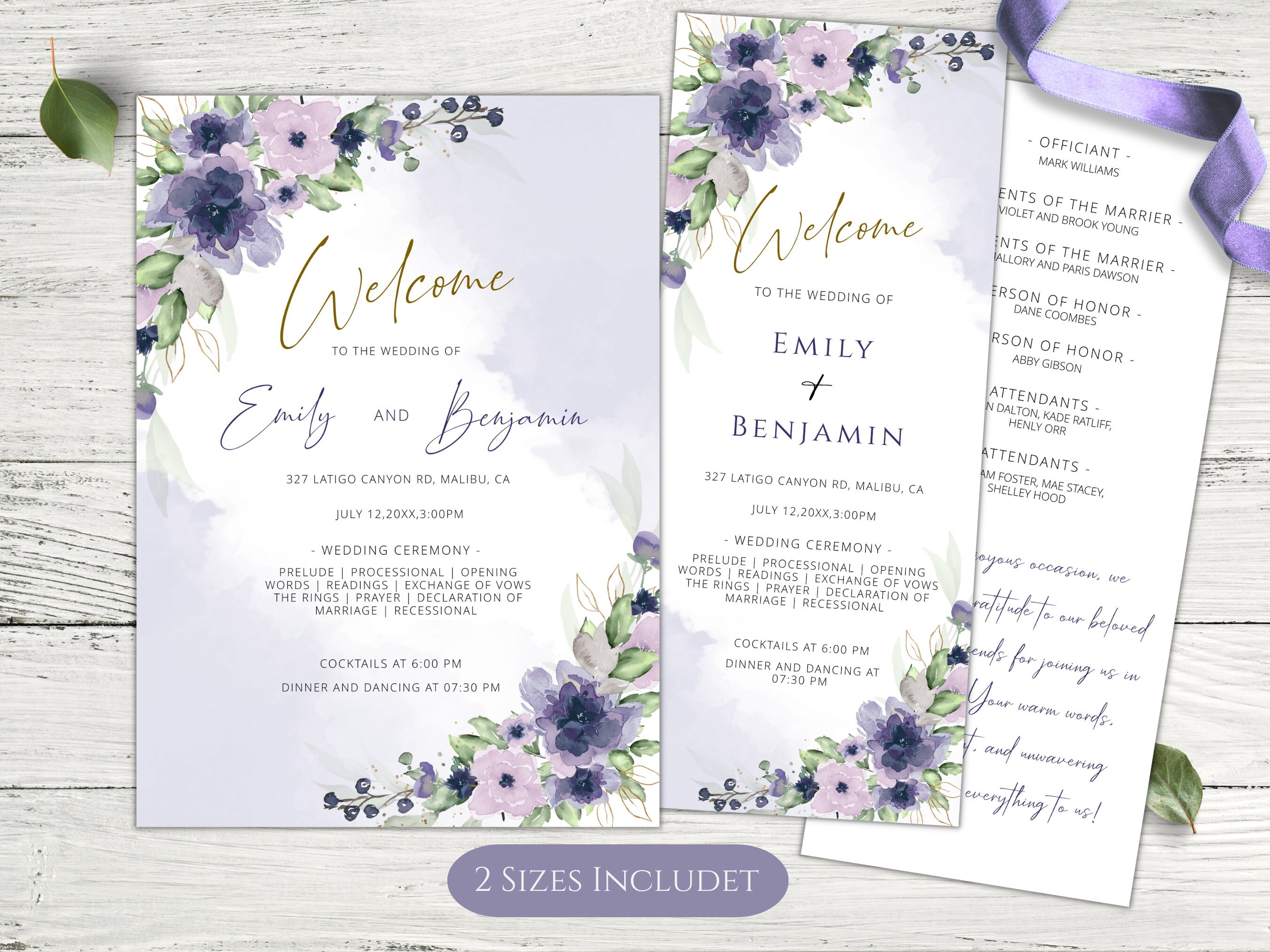 Dusty Purple Floral Wedding Program Template: Editable Printable ...