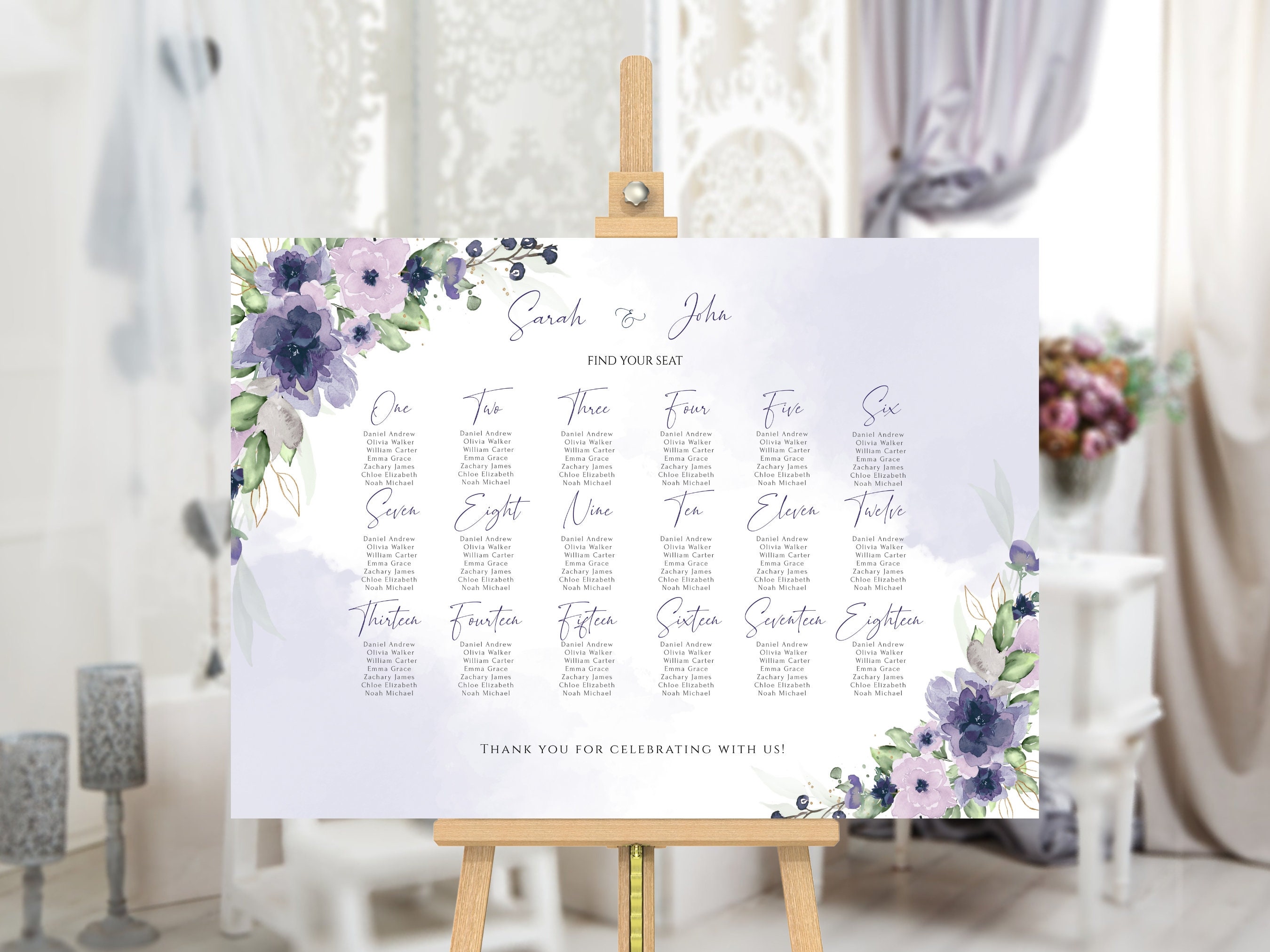 Dusty Purple Welcome Seating Chart Template, Purple Flowers Wedding ...