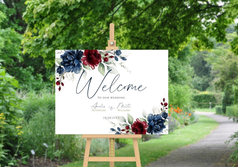 Wedding Welcome Sign Template, Red Burgundy & Navy Blue Editable ...