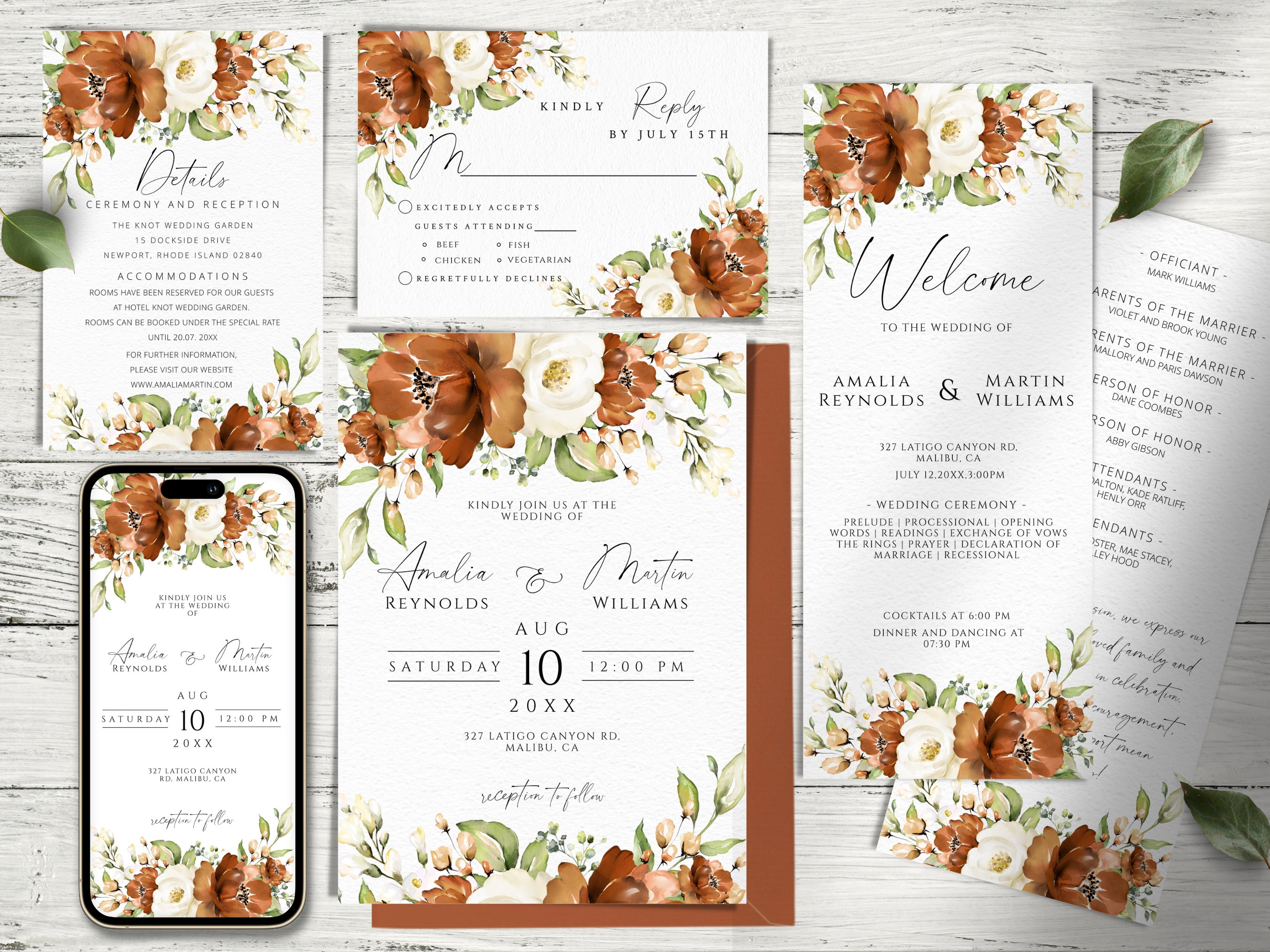 Terracotta Wedding Invitation Bundle Template, Rust Floral Wedding ...