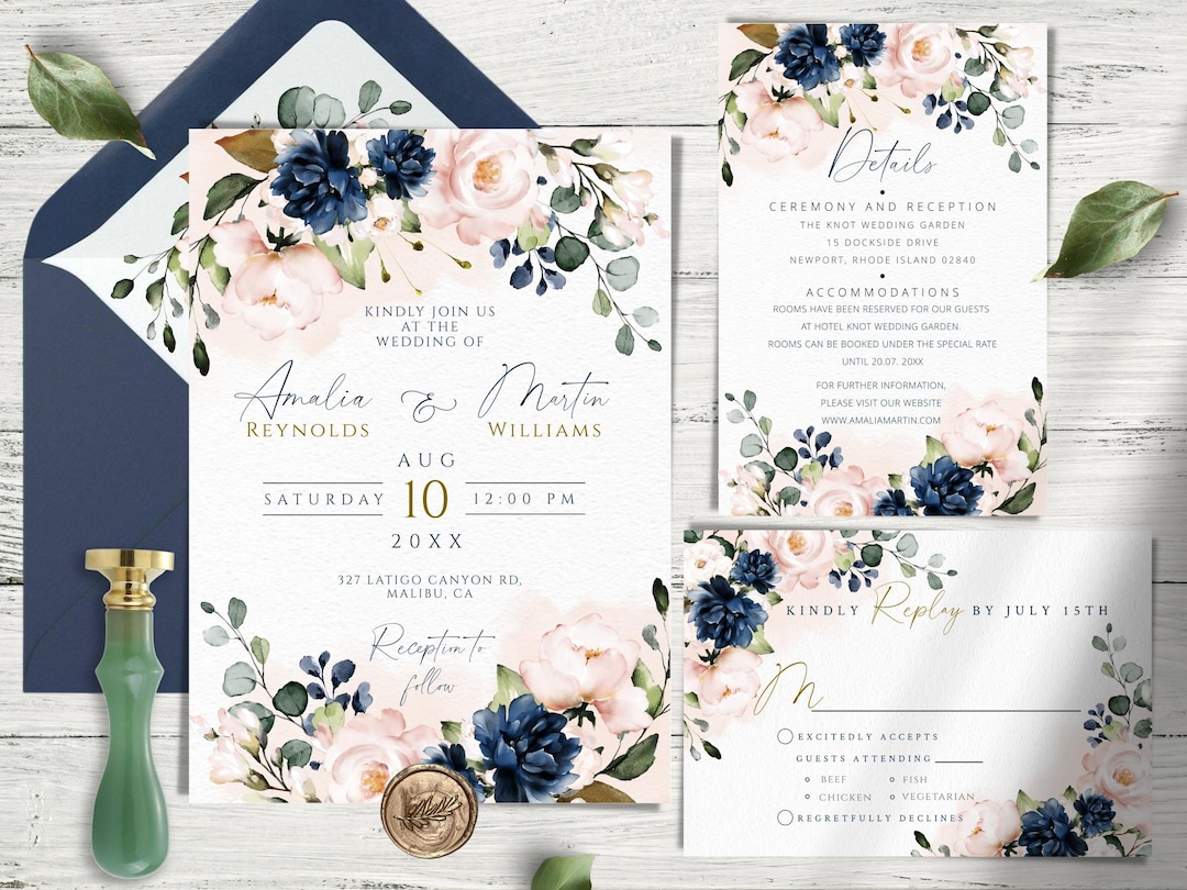 VIVIAN Blush Pink & Blue Navy Wedding Invitation Template SET ...