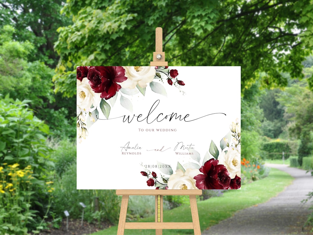 Burgundy and White Floral Welcome Sign Template, Elegant Wedding ...