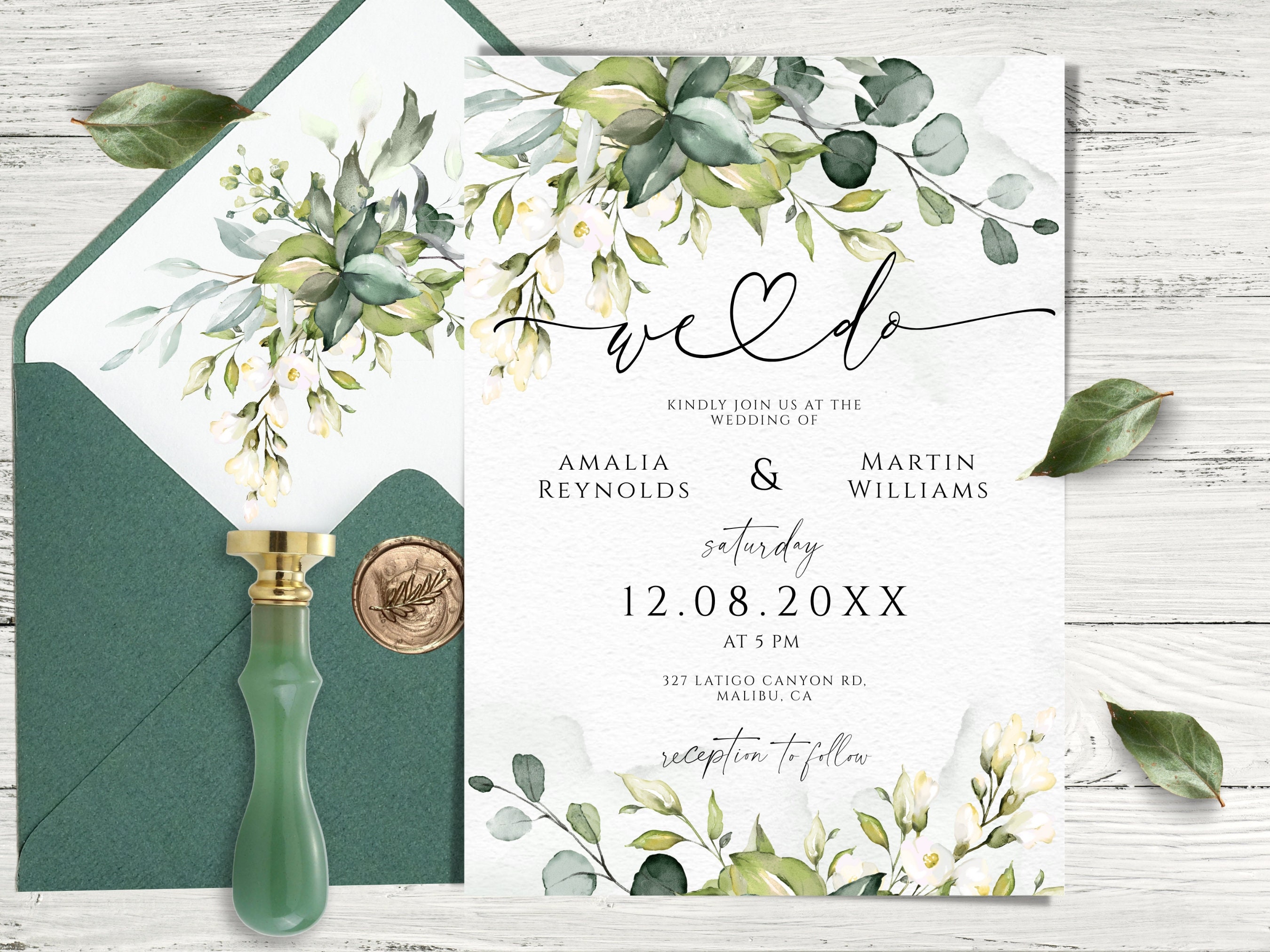 Wedding Invitation Set Template, Greenery Printable Wedding Invitation Set, Editable Eucalyptus ...