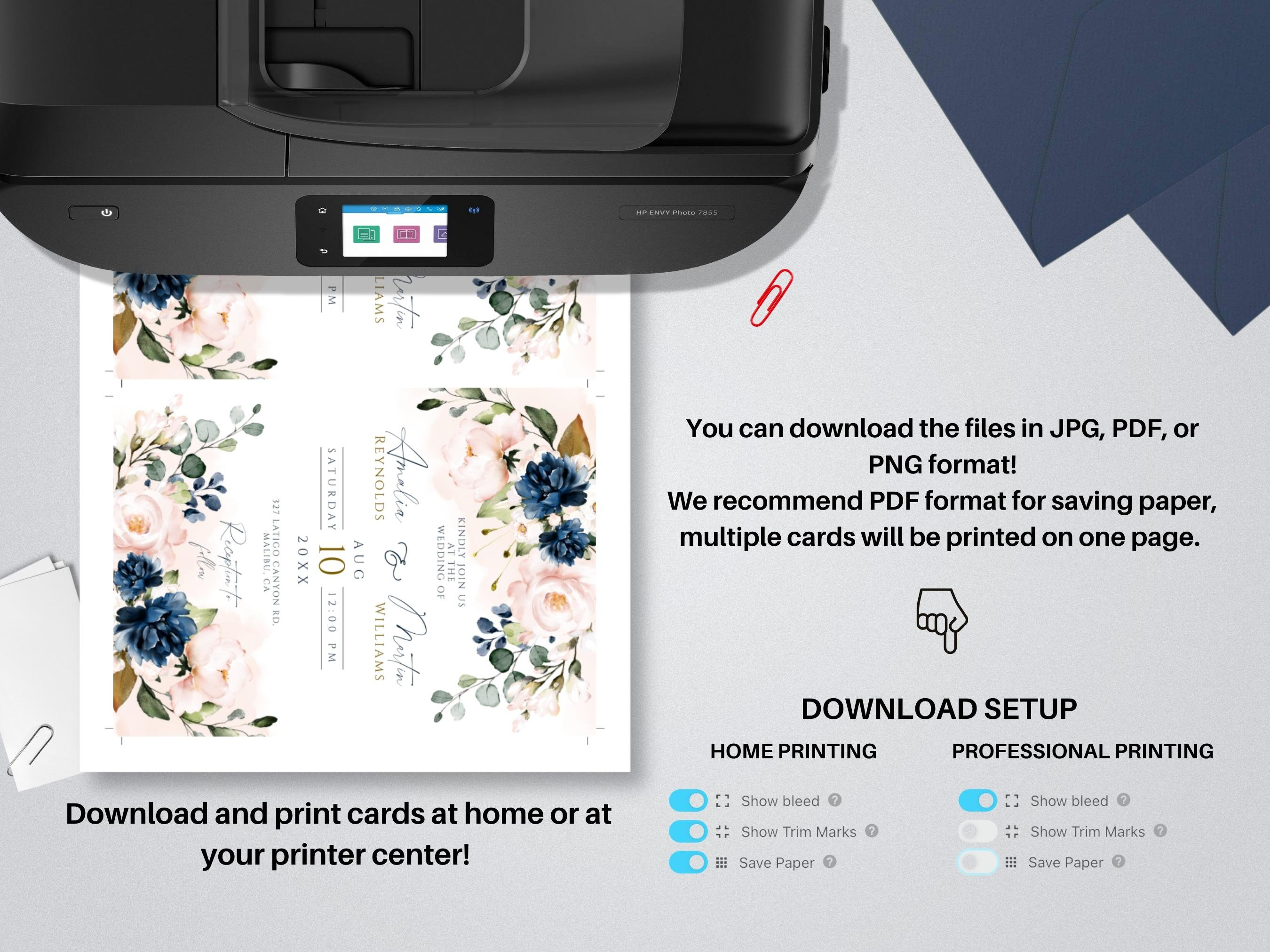 VIVIAN Blush Pink & Blue Navy Wedding Invitation Template SET ...