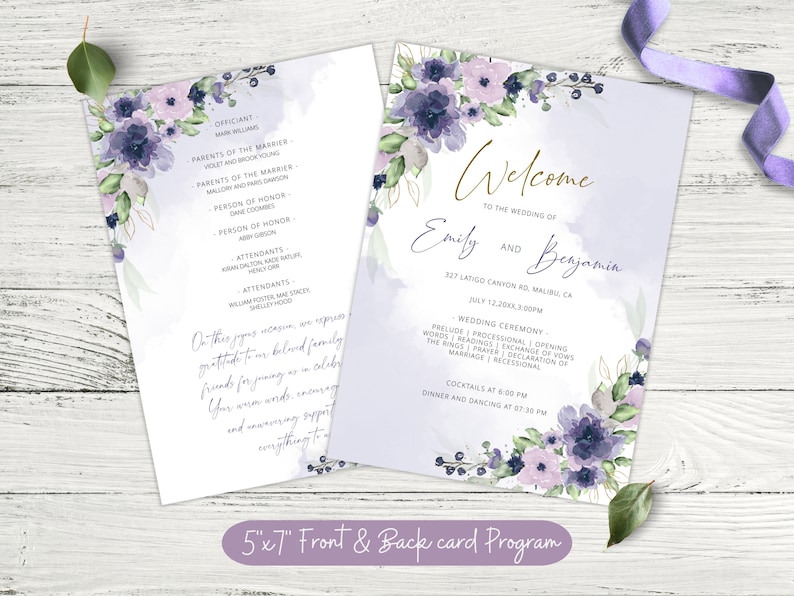 Dusty Purple Floral Wedding Program Template Download, Editable and ...