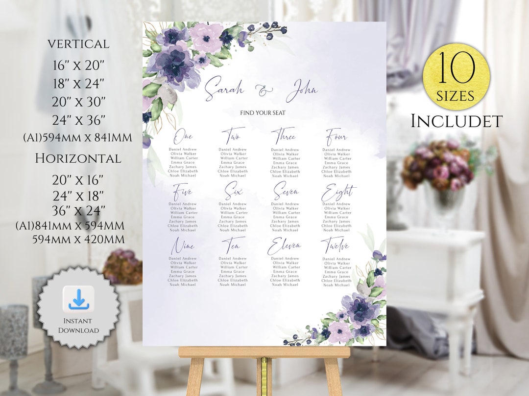 Dusty Purple Welcome Seating Chart Template, Purple Flowers Wedding ...