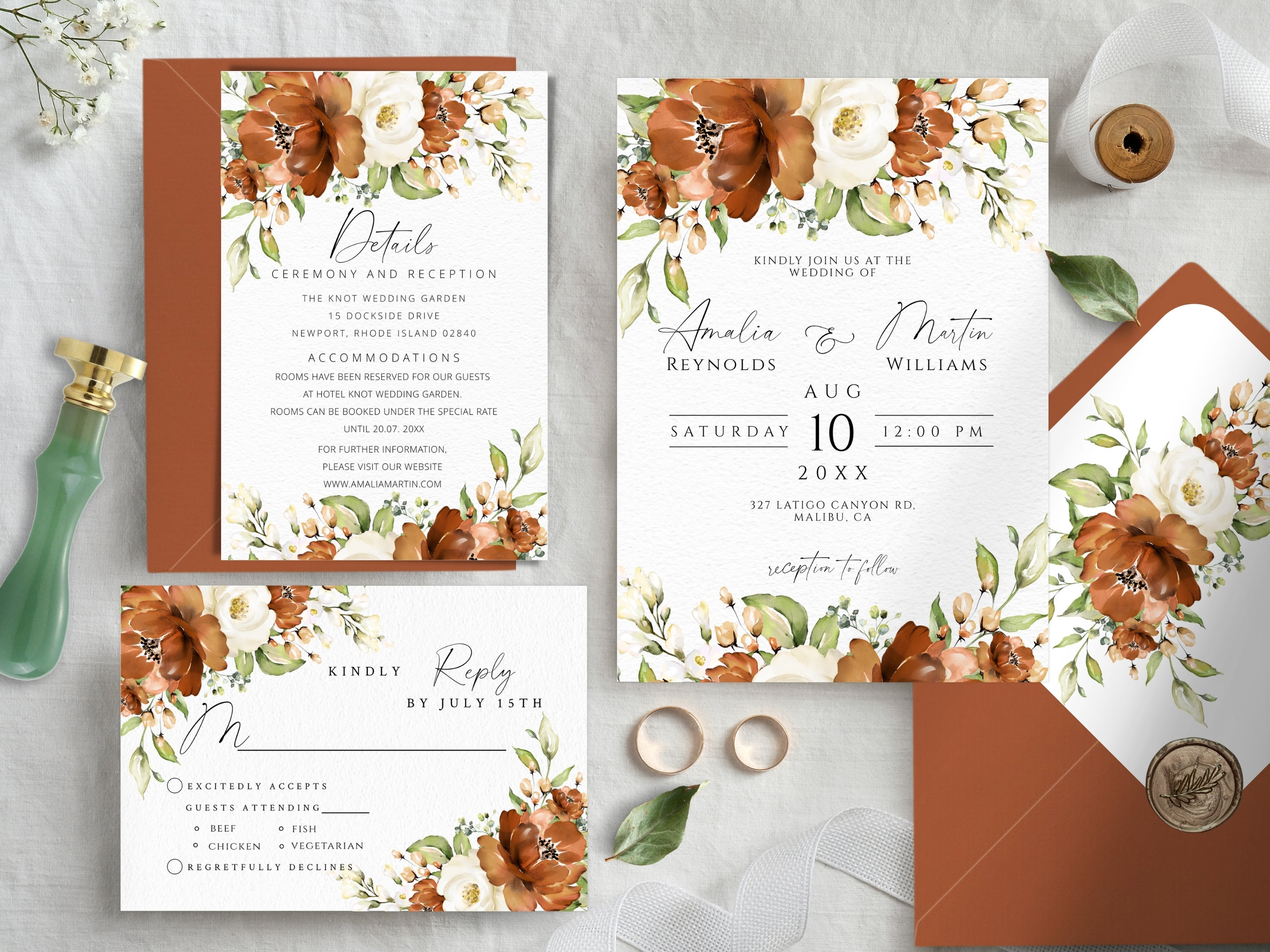 Terracotta Wedding Invitation Bundle Template, Rust Floral Wedding ...