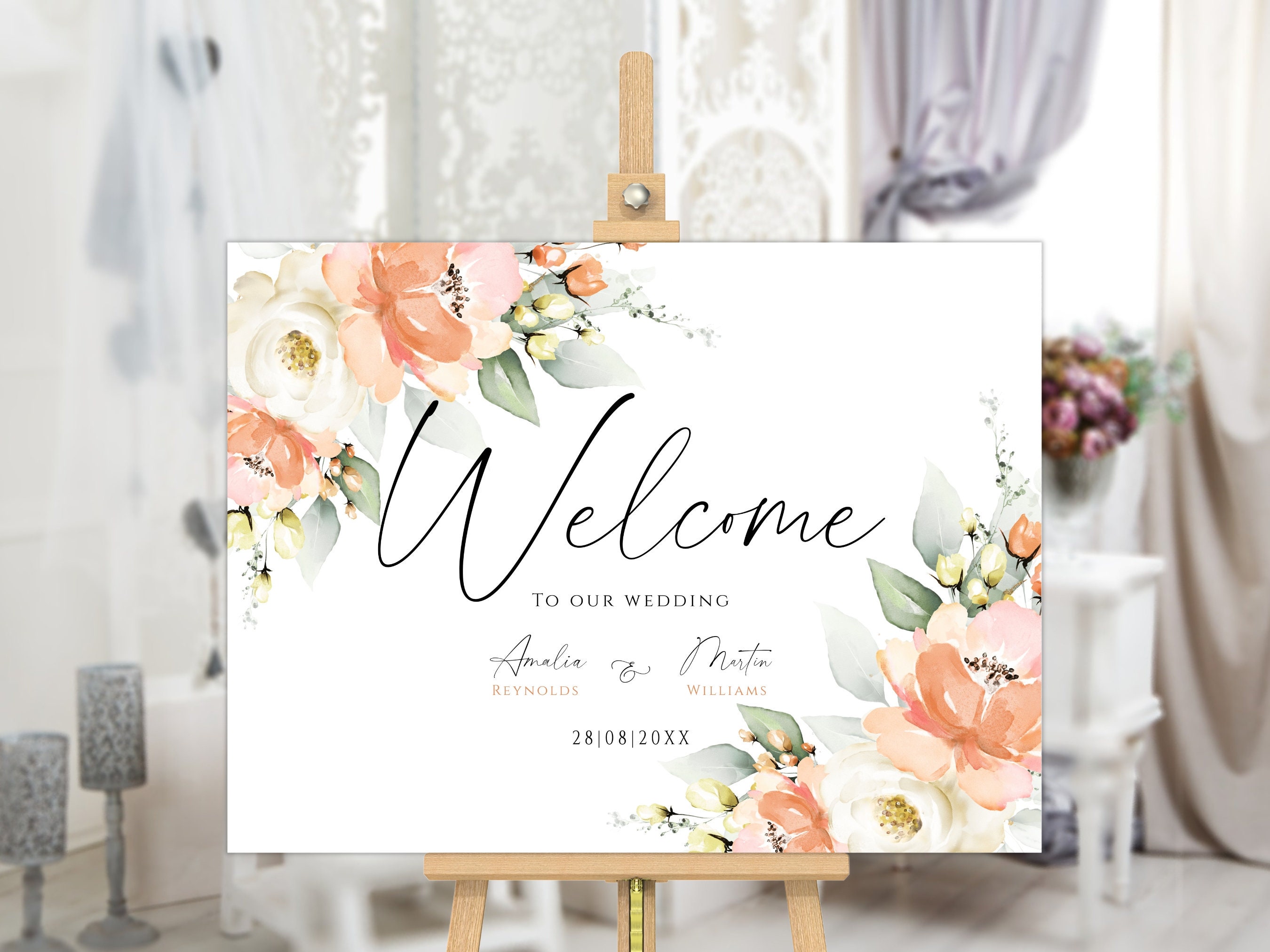 PEACH Elegance, Wedding Welcome Sign Template, Peach Welcome Sign ...