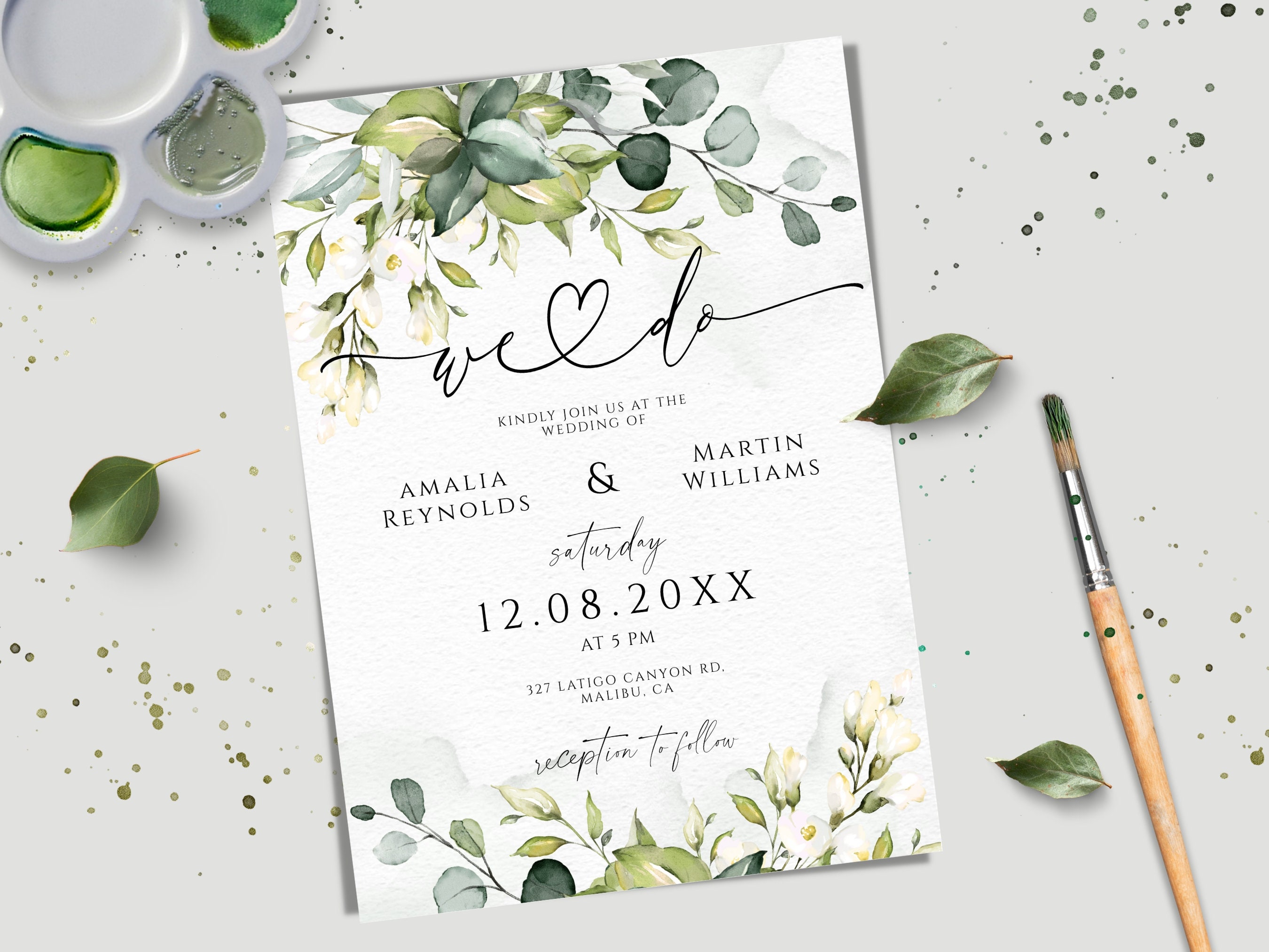 Wedding Invitation Set Template, Greenery Printable Wedding Invitation Set, Editable Eucalyptus ...