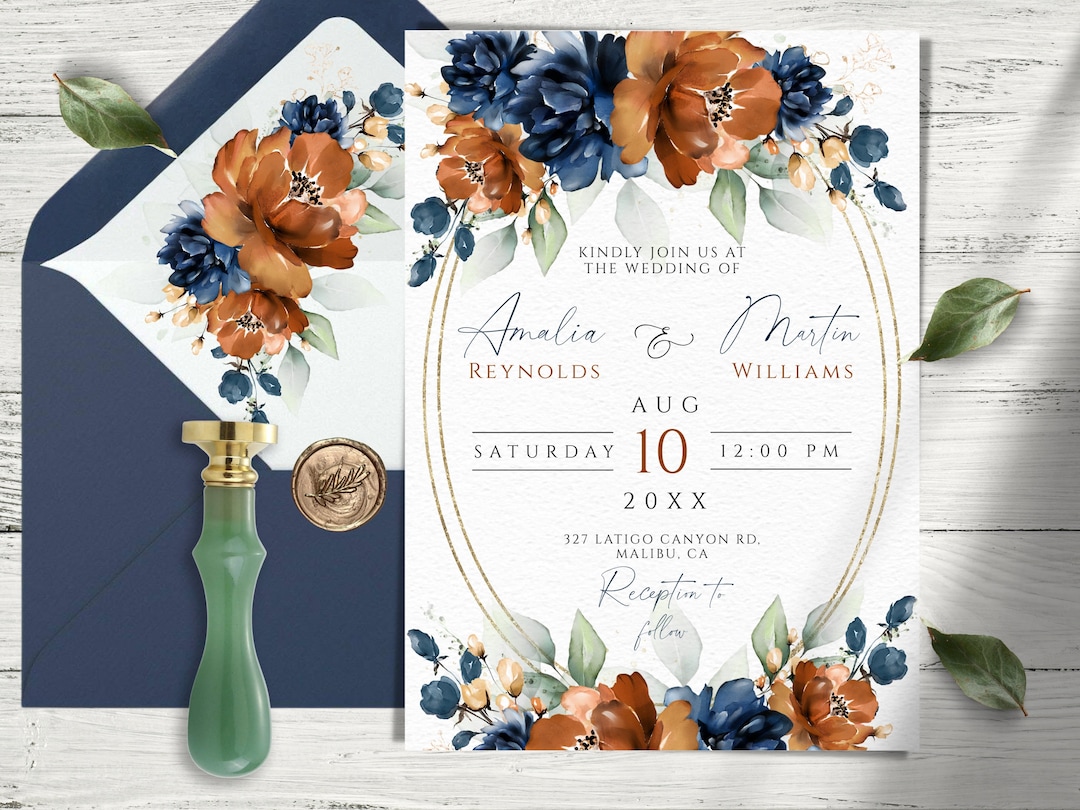 Burnt Orange Navy Floral Wedding Invitation Template (DIY Editable) - Etsy