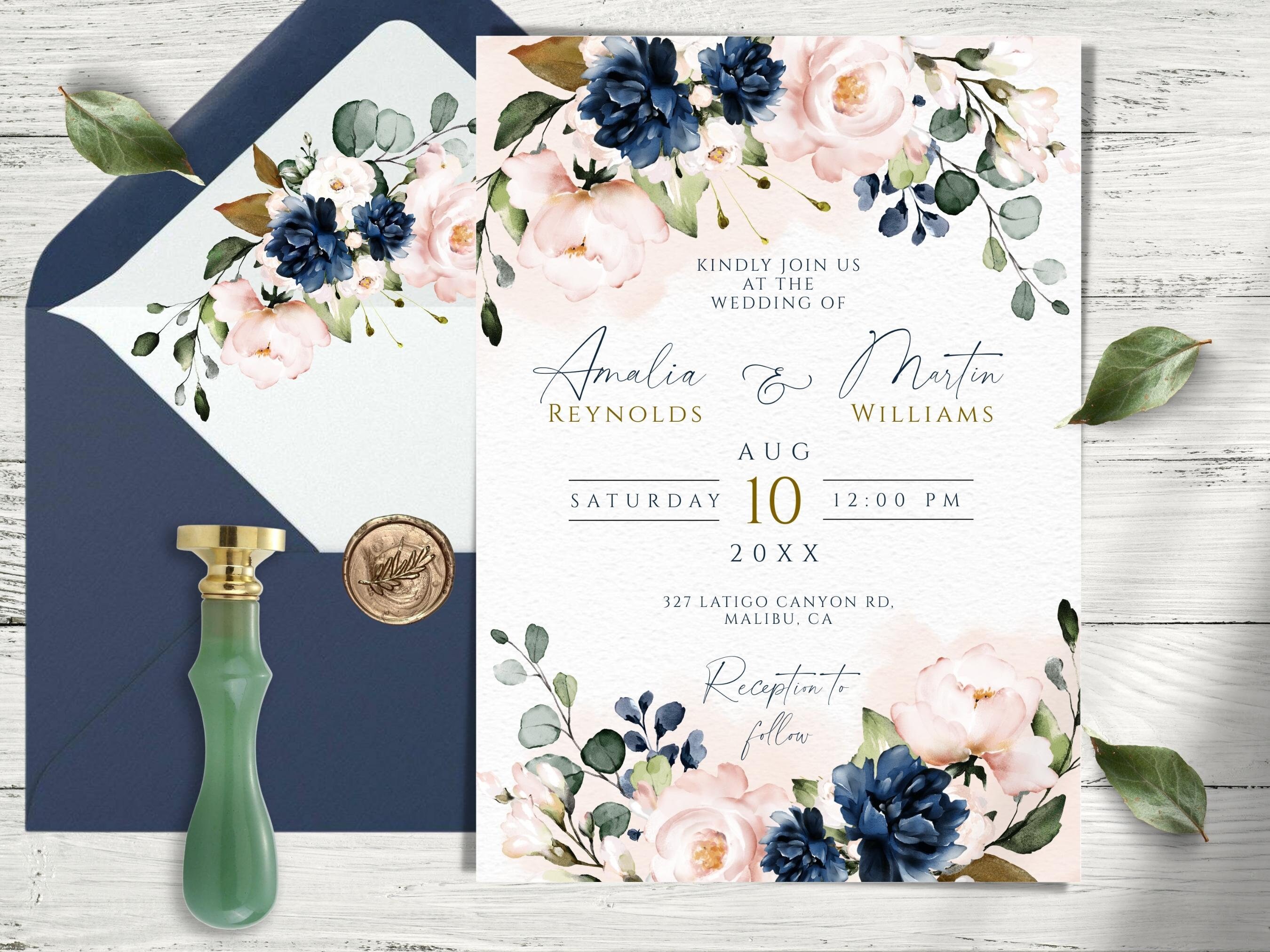VIVIAN Blush Pink & Blue Navy Wedding Invitation Template for ...
