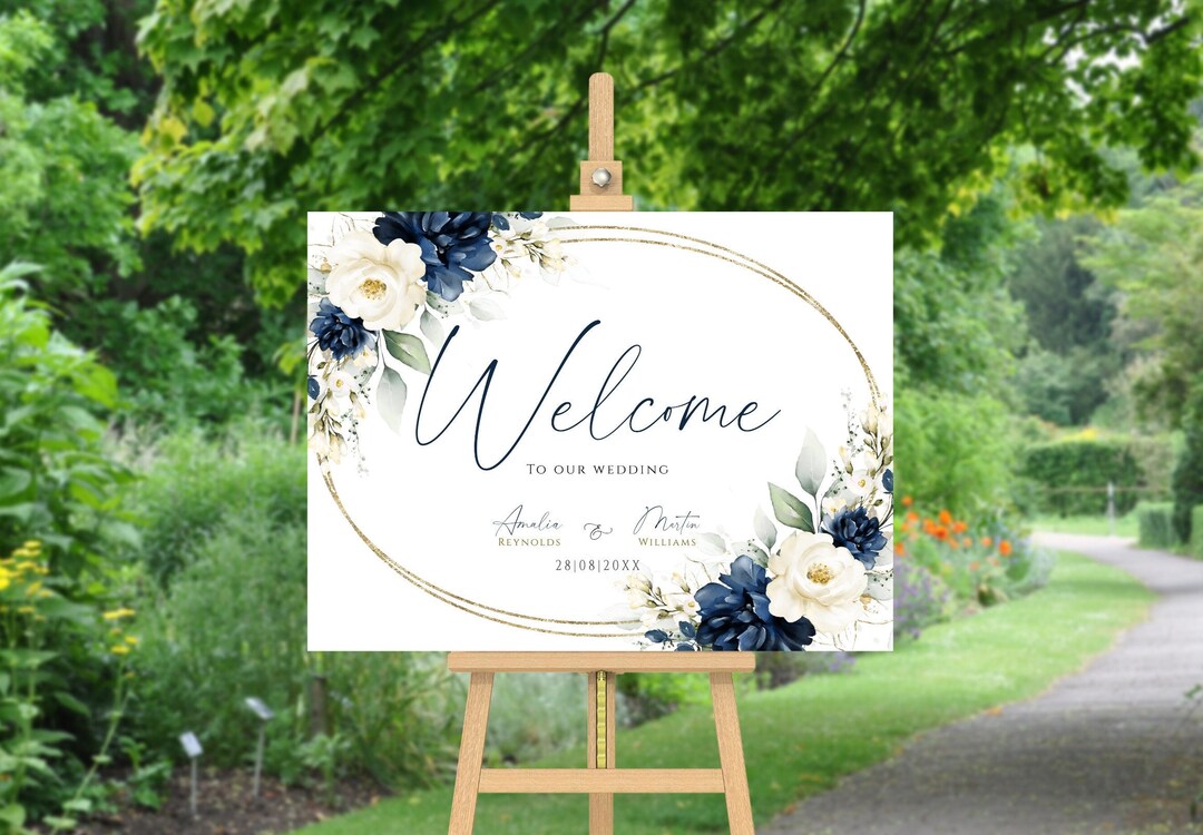 Navy Floral Wedding Welcome Sign Template (DIY Printable) - Etsy