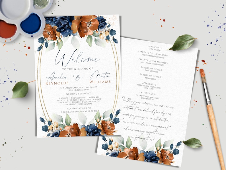 Burnt Orange Navy Wedding Program Template: DIY Printable (editable) - Etsy