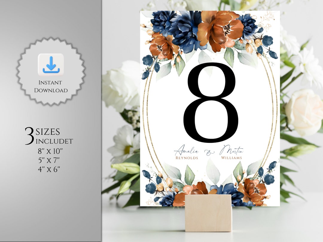 Wedding Table Numbers Template, Printable Burnt Orange and Navy Blue ...