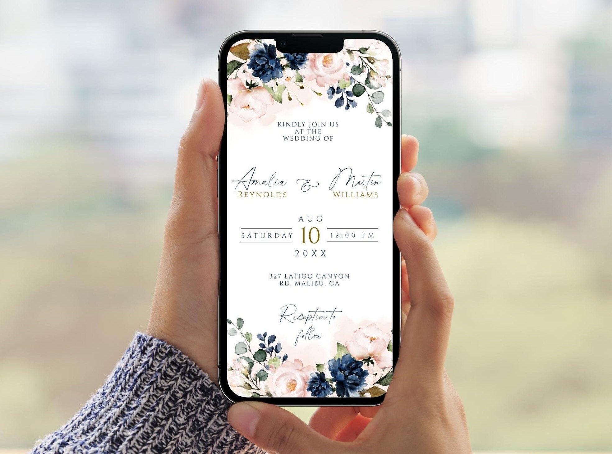 VIVIAN Blush Pink & Blue Navy Wedding Invitation Template SET ...