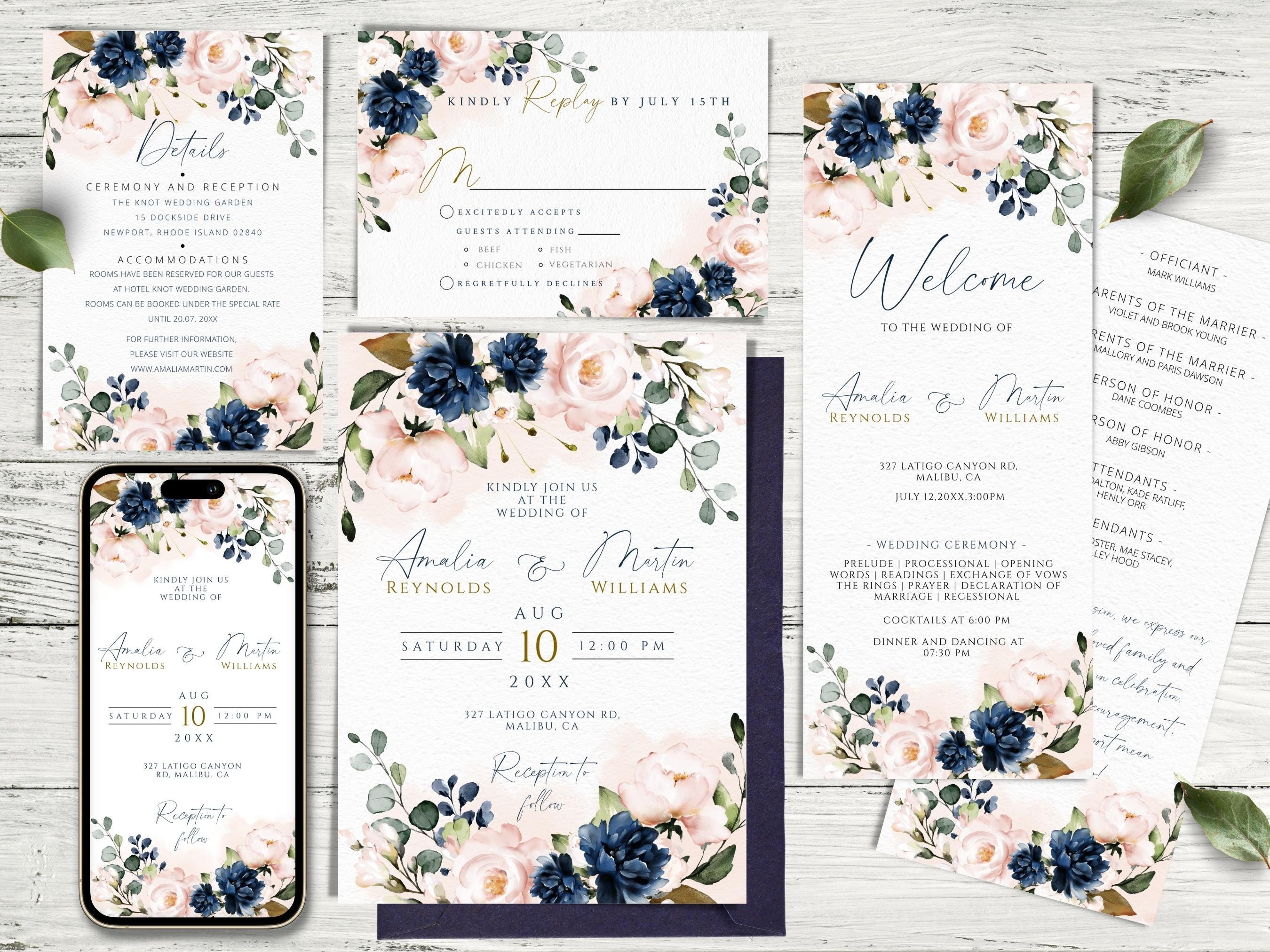 VIVIAN Blush Pink & Blue Navy Wedding Invitation Template SET ...