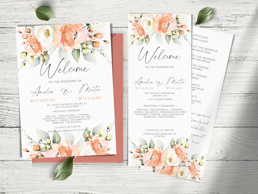 Peach Floral Wedding Program Template: Elegant DIY Printable (instant ...