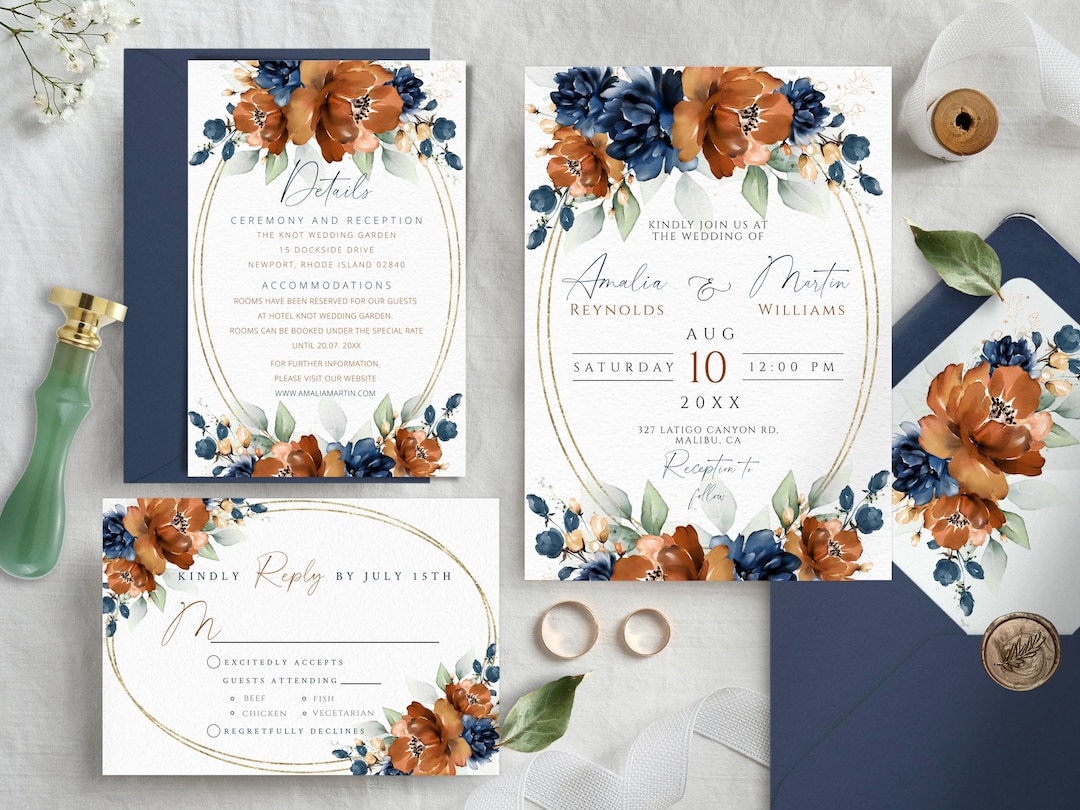 Burnt Orange & Navy Blue Floral Wedding Invitation Set - Editable and ...