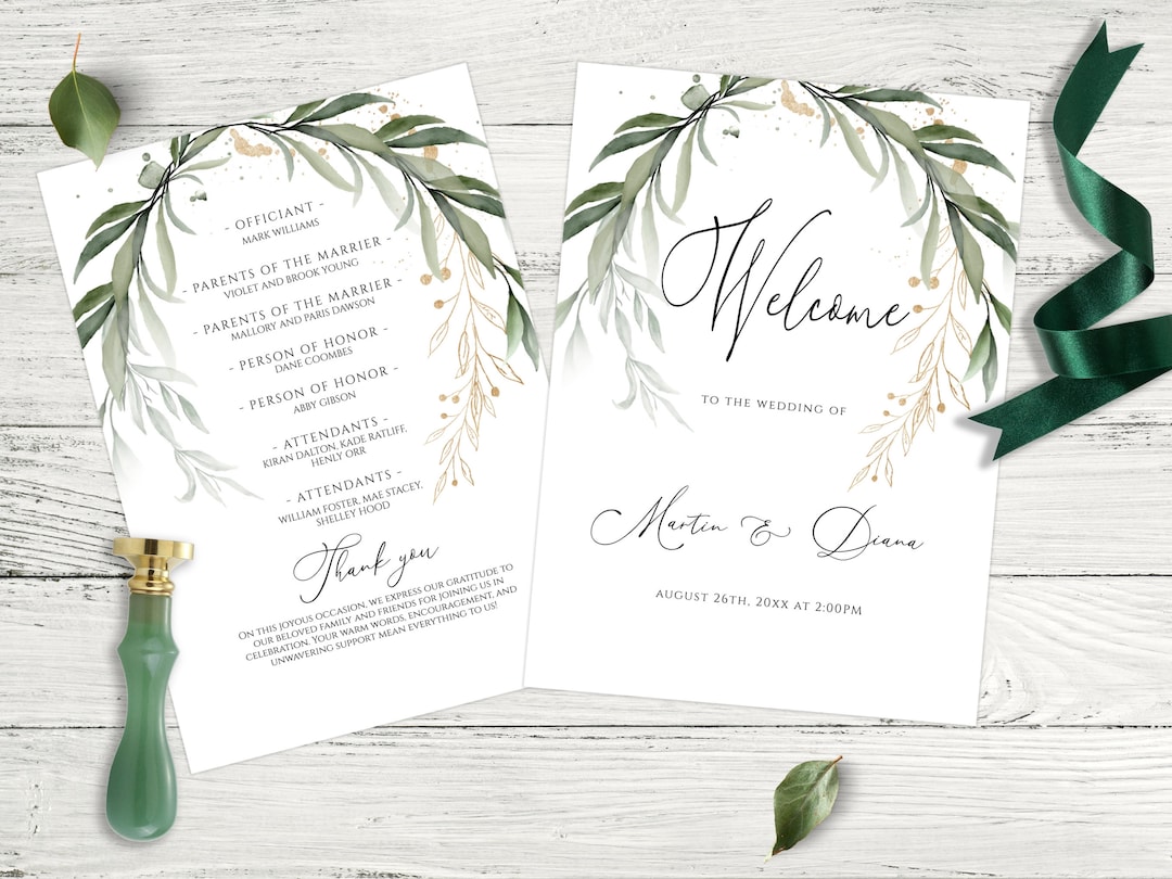 GREENERY Wedding Program Template, Folded Ceremony Template Printable ...