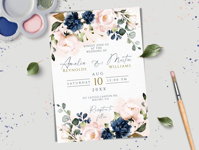 VIVIAN Blush Pink & Blue Navy Wedding Invitation Template SET ...