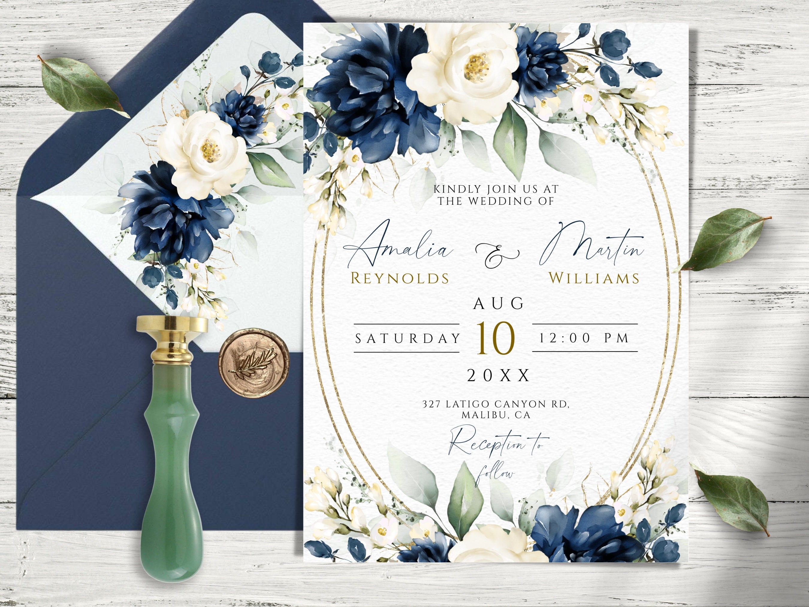 Wedding Invitation Template Set, Blue Navy & White Floral Wedding ...
