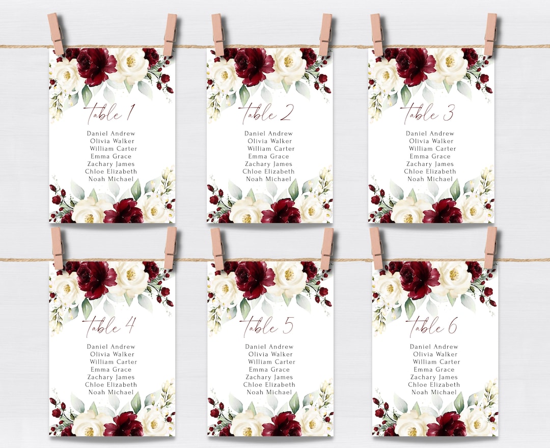 Burgundy and White Floral Hanging Seating Chart Templates, Customizable ...