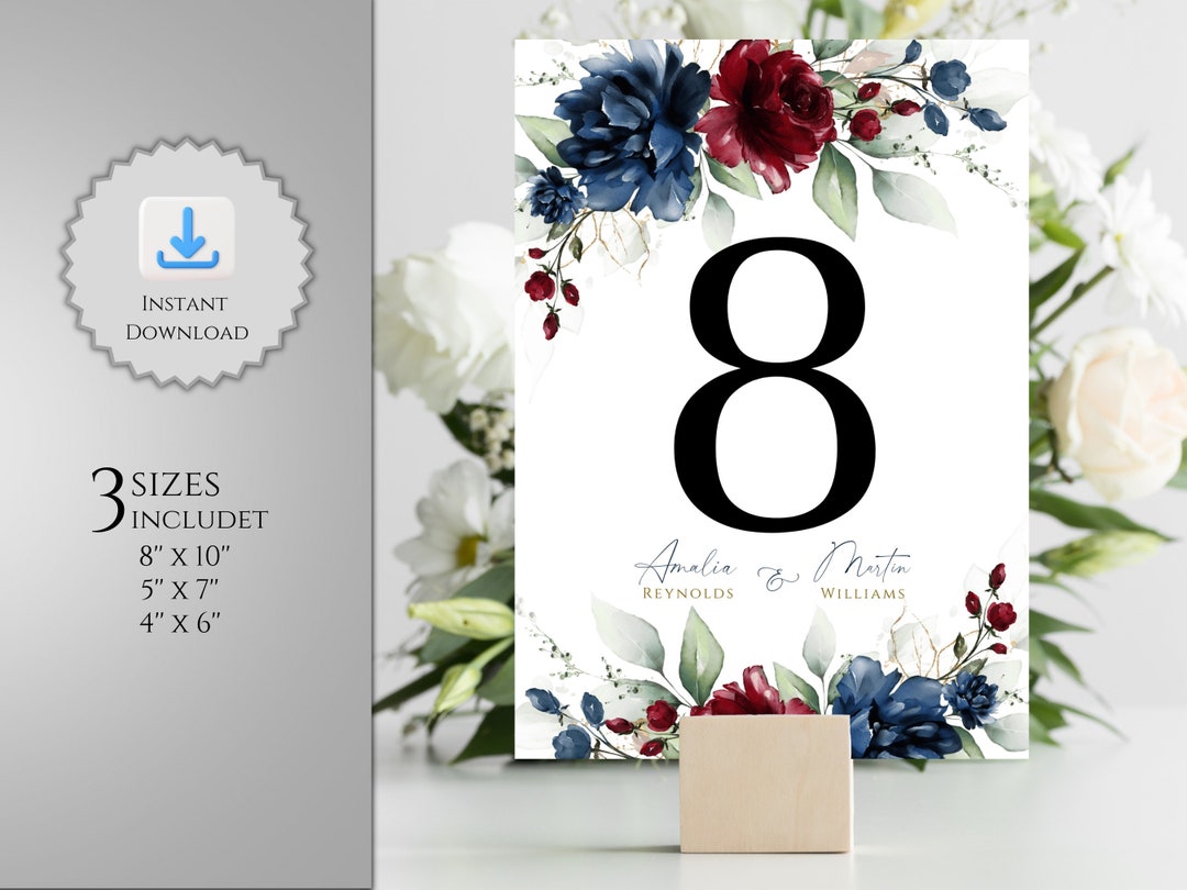 Burgundy & Blue Navy Table Numbers Template, Editable and Printable Red ...
