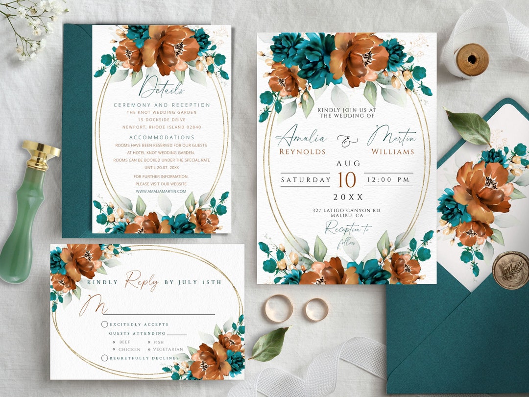 Teal & Burnt Orange Wedding Invitation Template Set, Editable and ...