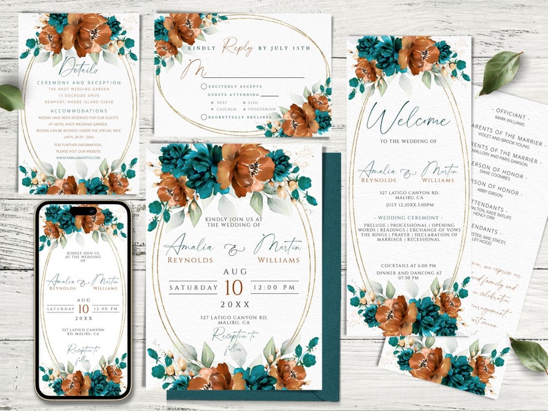 Mega Bundle Burnt Orange and Teal Wedding Invitation, Terracotta ...