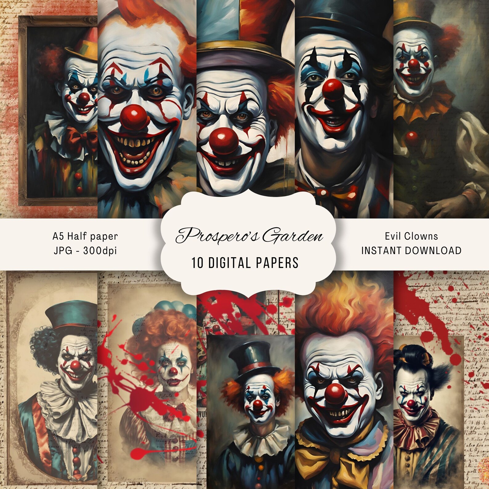 Creepy Clown Half Papers, Evil Horror Clown Vintage Style Junk Journal ...