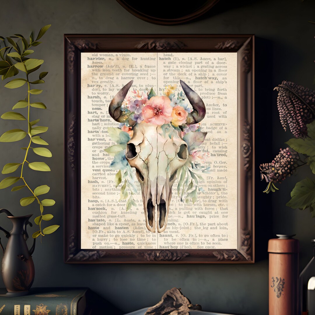 Floral Boho Animal Skull Art Print, Boho Skull With Flowers Digital ...