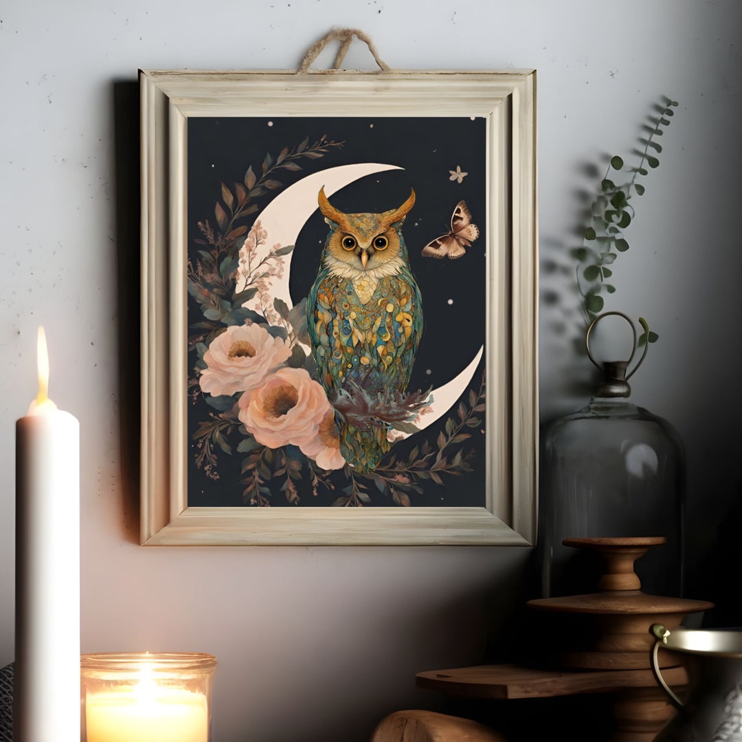 Moody Boho Owl on Crescent Moon Print, Printable Ornithology Wall Art ...