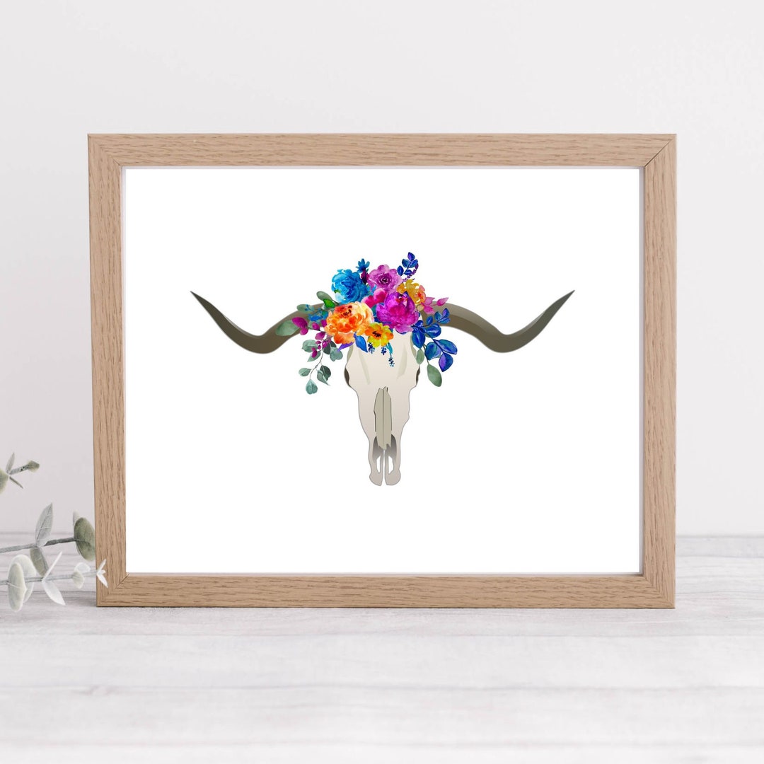 Bright Floral Boho Animal Skull Art Print, Boho Skull With Flowers ...