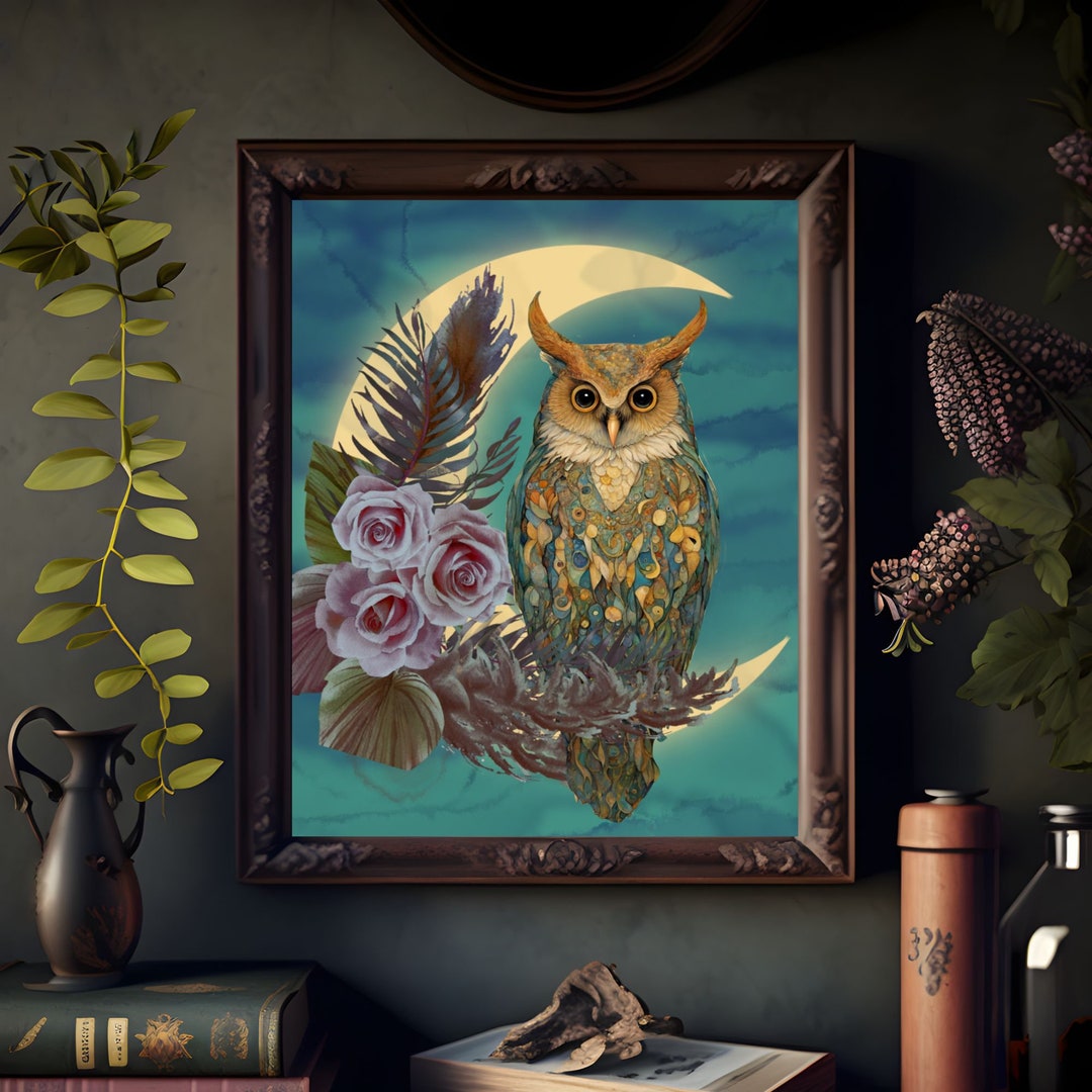 Moody Boho Owl on Crescent Moon Print, Printable Ornithology Wall Art ...