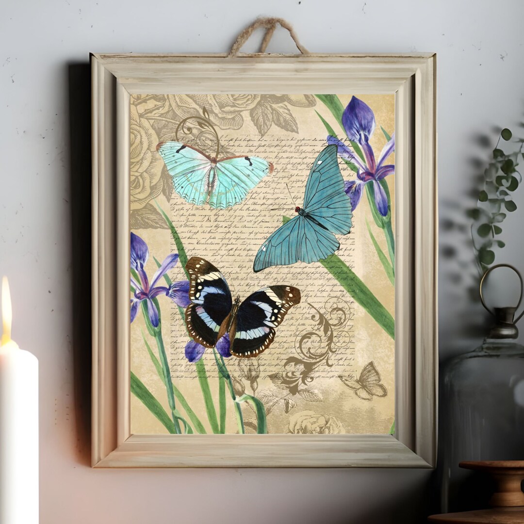 Vintage Style Butterflies and Iris Print, Vintage Butterfly Picture ...