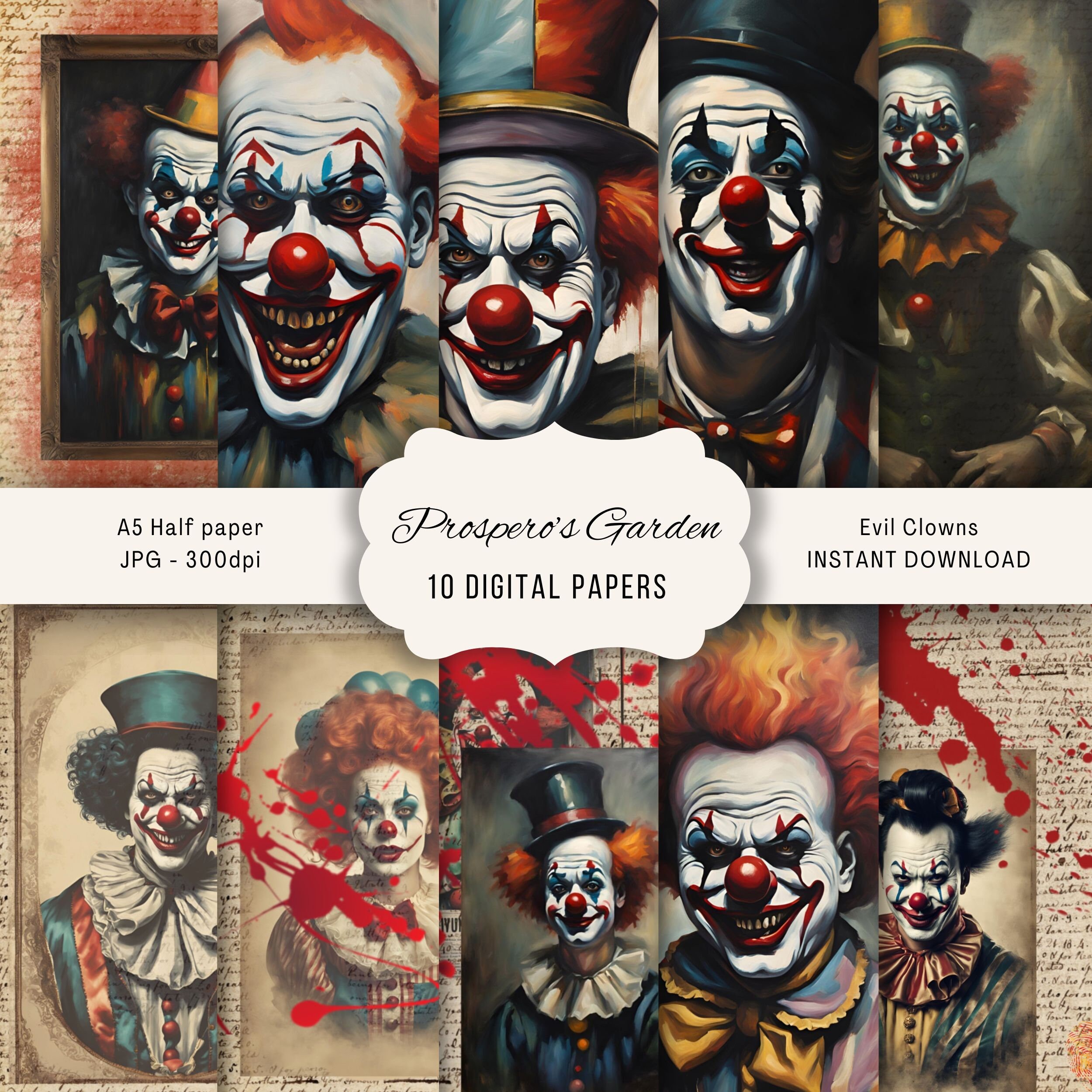 Creepy Clown Half Papers, Evil Horror Clown Vintage Style Junk Journal ...