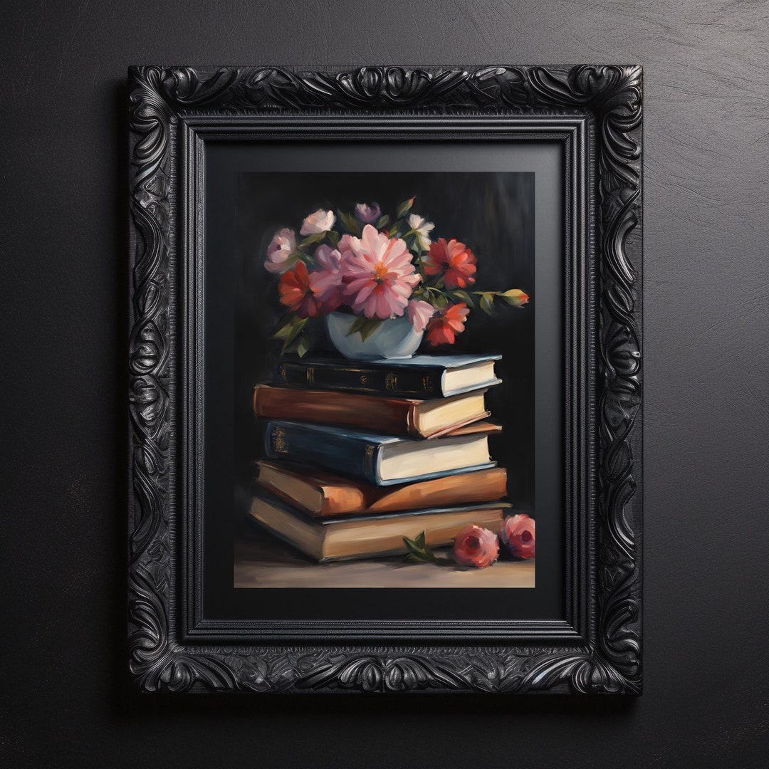 Vintage Book Stack Print: Floral Oil Painting, Cottagecore Wall Art ...
