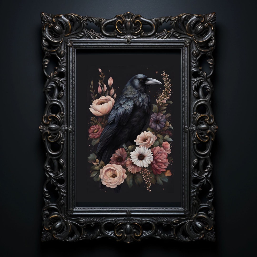Crow Print, Printable Floral Crow Wall Art, Moody Boho Crow With a ...