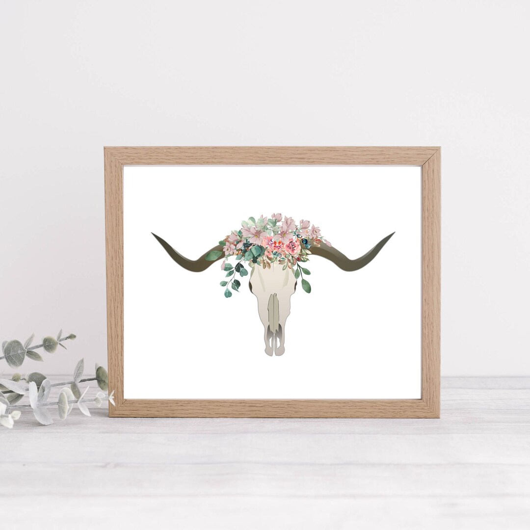 Floral Boho Animal Skull Art Print, Boho Skull With Flowers Digital ...