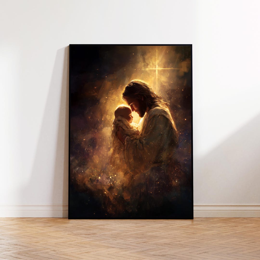 Jesus Holding Baby With Cross, Memorial Sympathy Art, Golden Aura ...